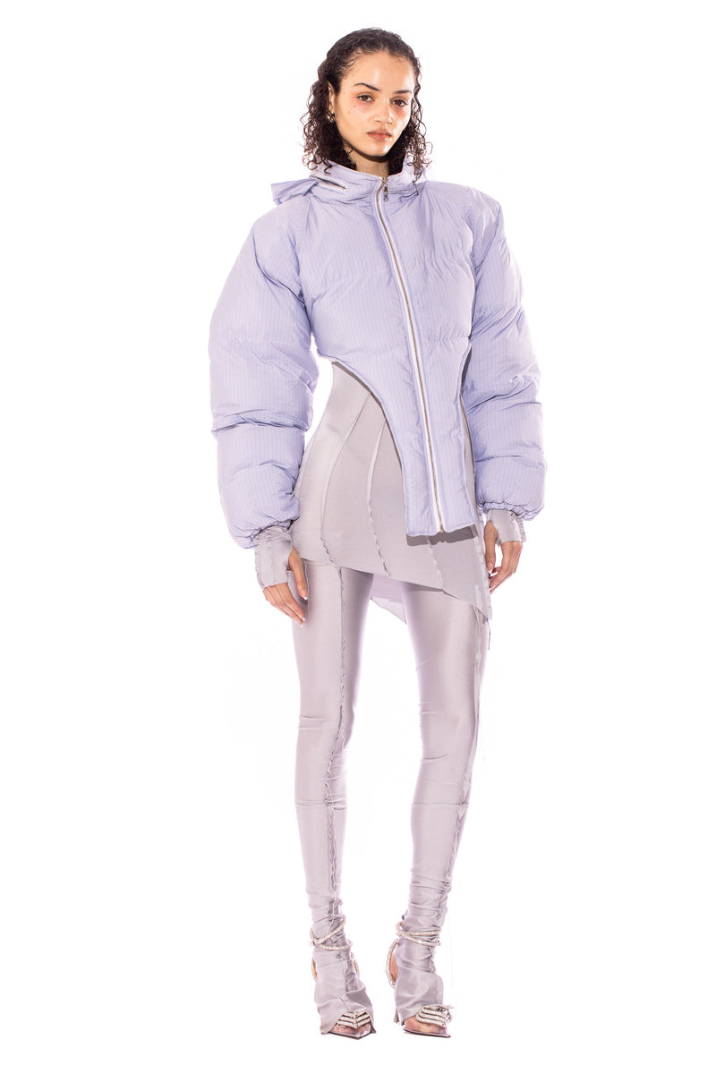 Sami Miro Vintage - V CUT PUFFER COAT IN BLUE PIN – SAMI MIRO VINTAGE